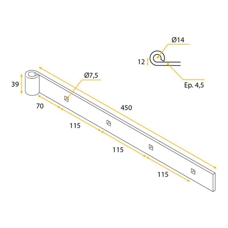 4 Penture droite, Acier, L.450, D.14, pour Volet Battant